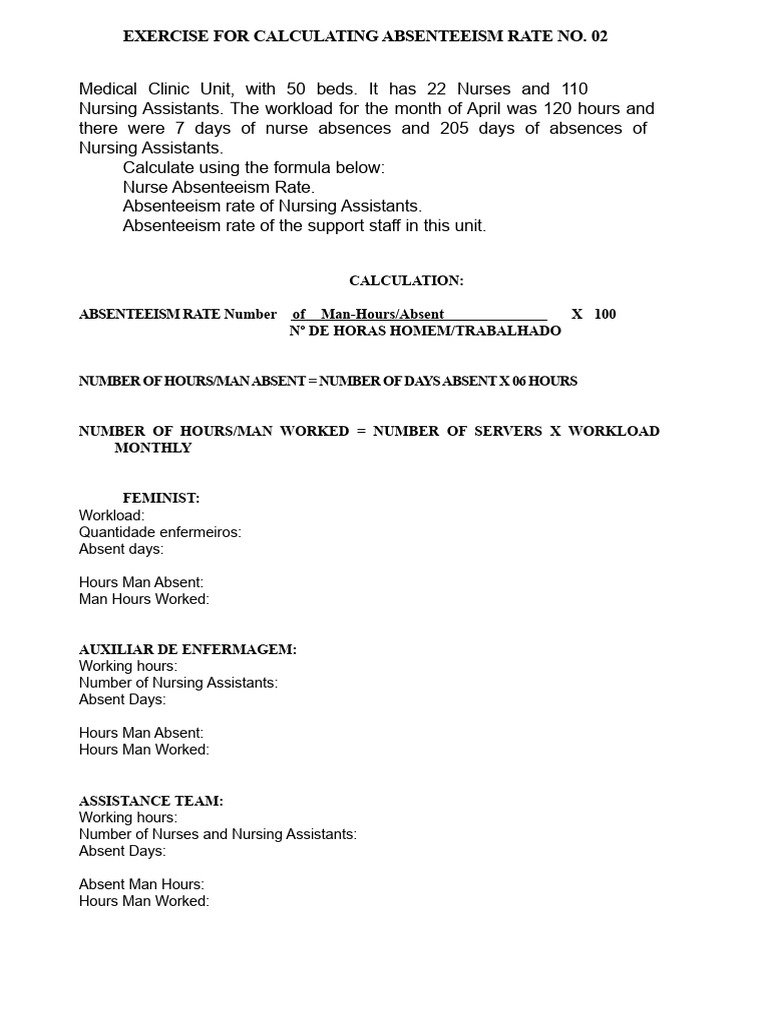 EXERCISE FOR CALCULATING ABSENTEEISM RATE No. 02 Without Answer | PDF