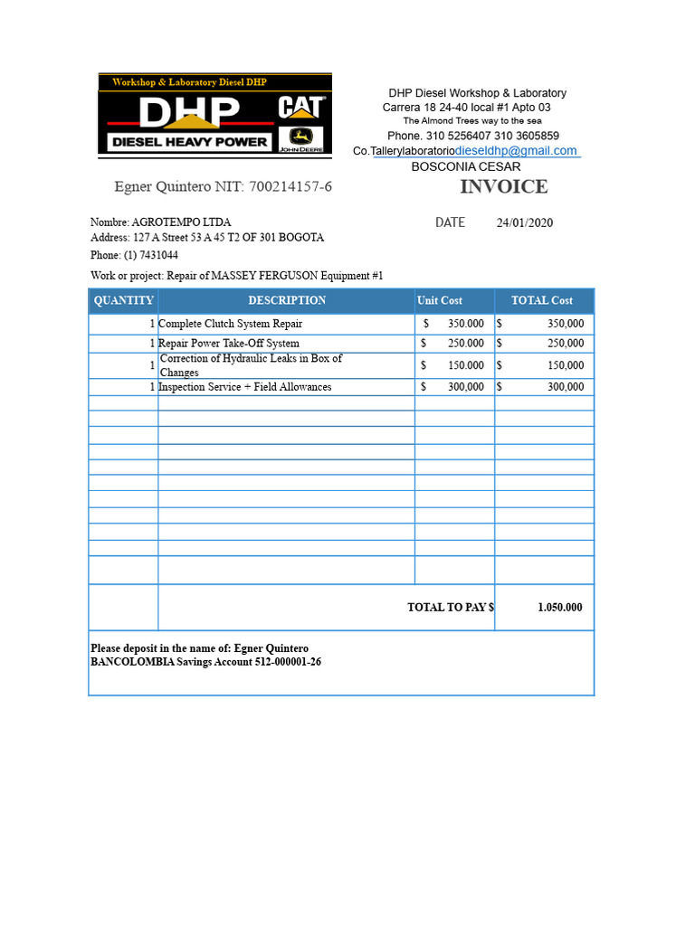 Invoice For Clutch Repair and Massey Tractor Driver #1 | PDF