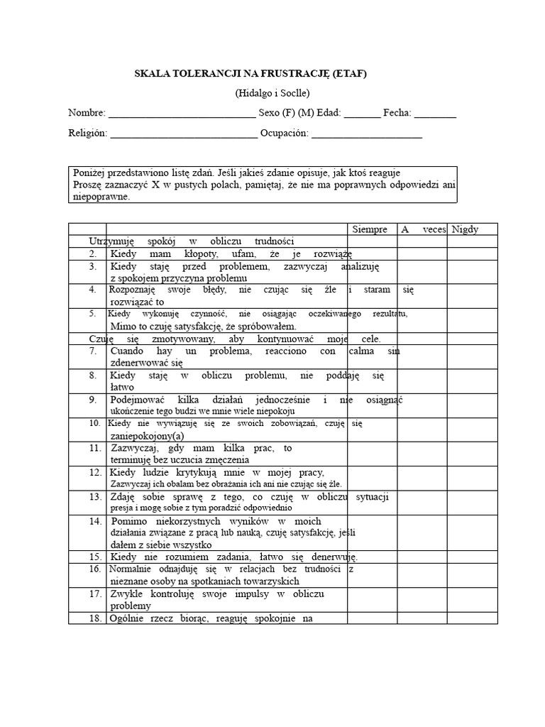 Skala Tolerancji Na Frustrację | PDF