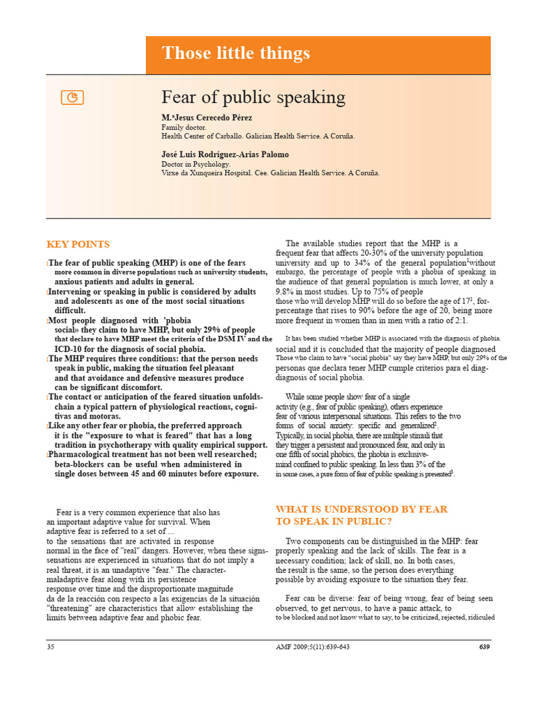 Fear of Speaking in Public | PDF | Phobia | Social Anxiety Disorder