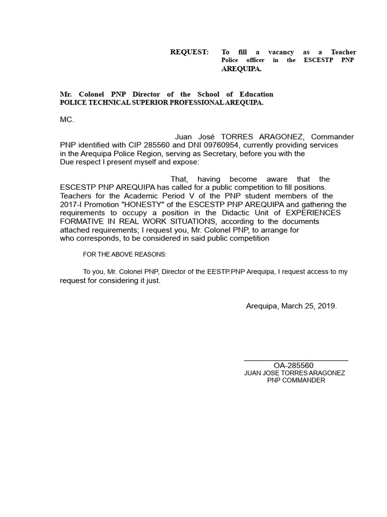 Teacher Application for PNP Arequipa | PDF | Academic Degree