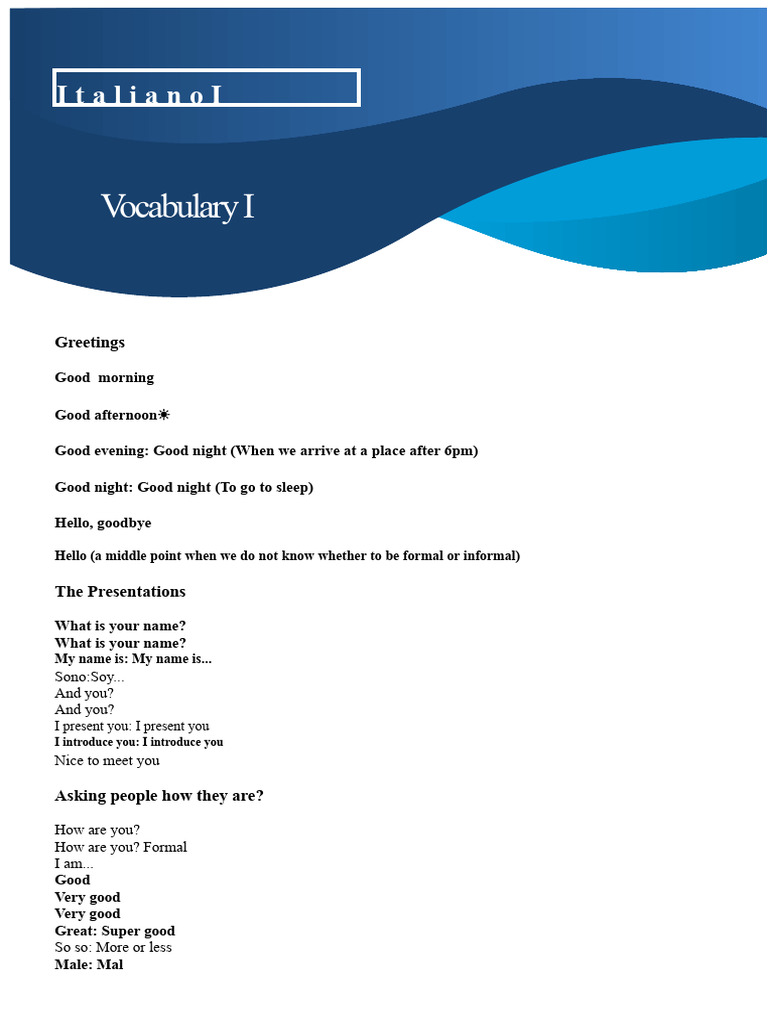 Italian Vocabulary: Greetings & Introductions | PDF
