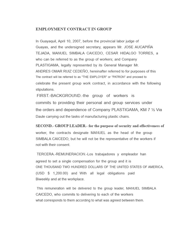 Group Employment Contract for Plastigama | PDF | Employment ...