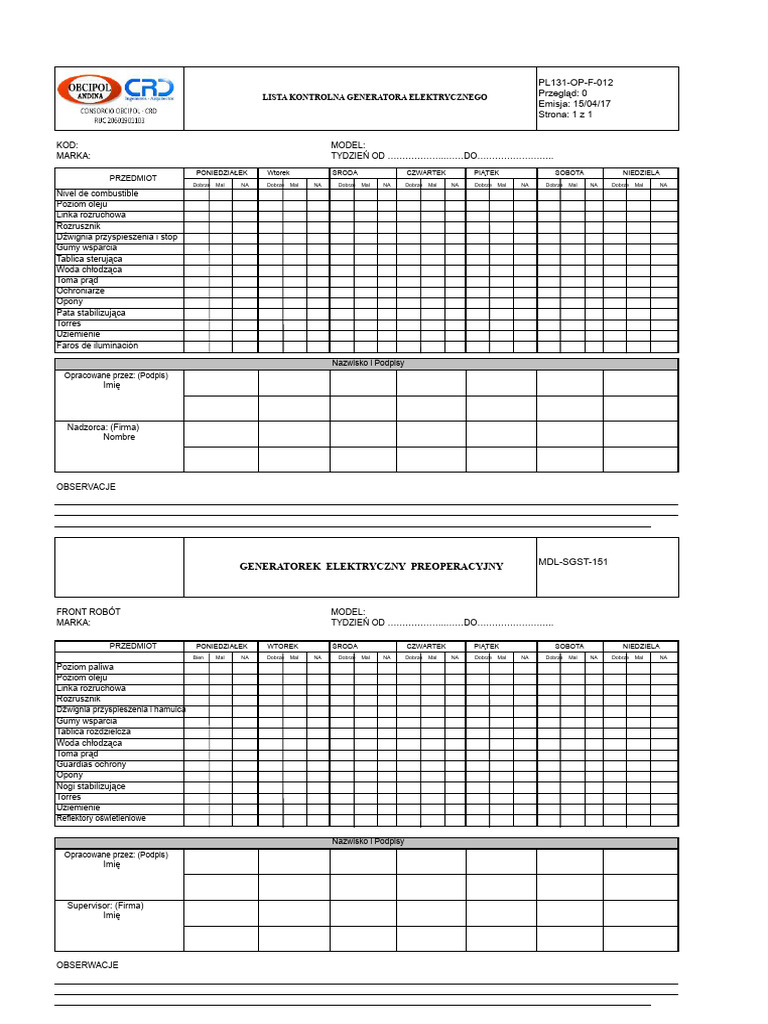 387602461-Lista Kontrolna-Generator Elektryczny | PDF