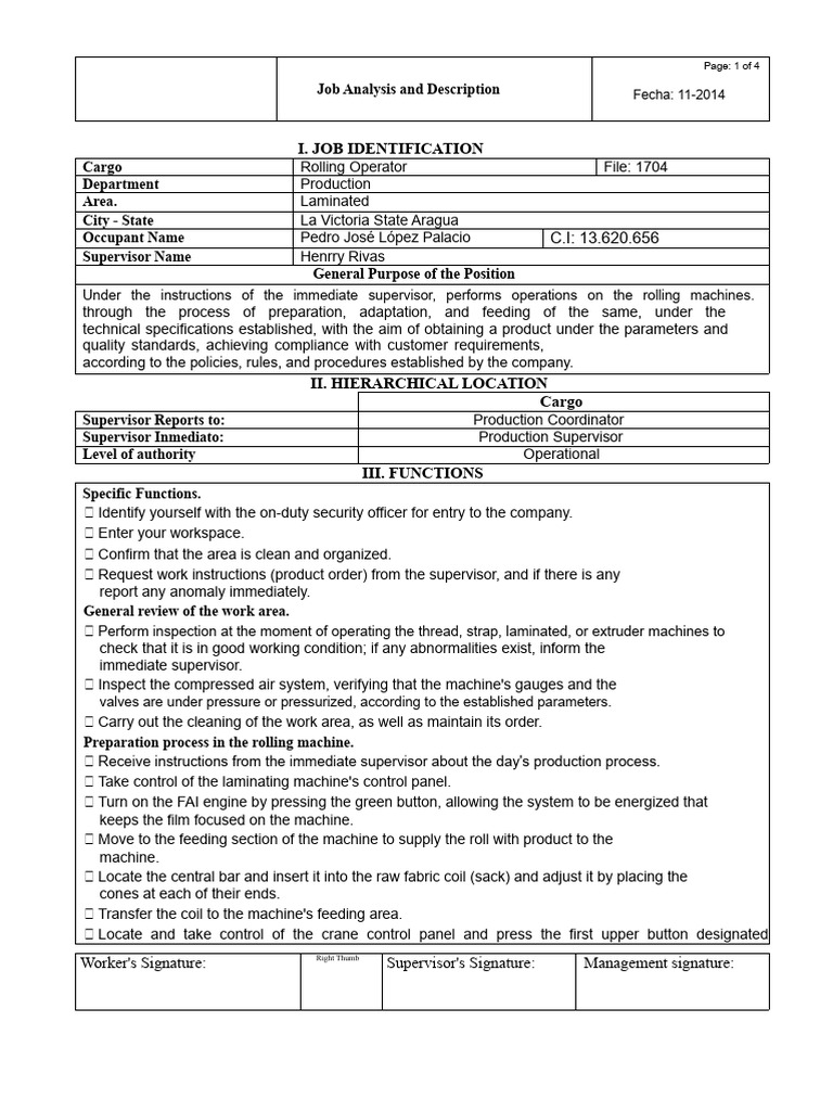 Job Description: Rolling Operator | PDF | Occupational Safety And ...
