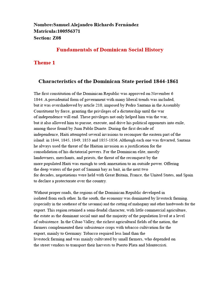 Fundamentals of Dominican Social History - Final Work - Section (Z08 ...