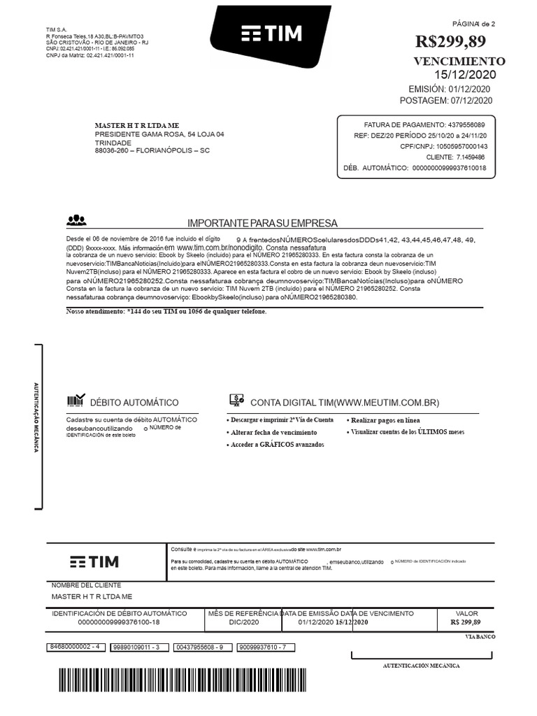 Factura TIM S.A. Diciembre 2020 | PDF | Empresas que cotizan en bolsa ...