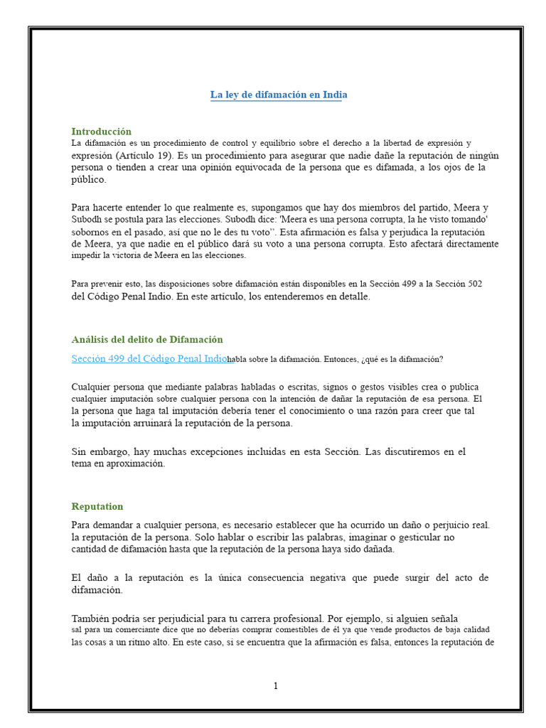 Ley de Difamación en India: Análisis y Disposiciones | PDF | Libertad ...