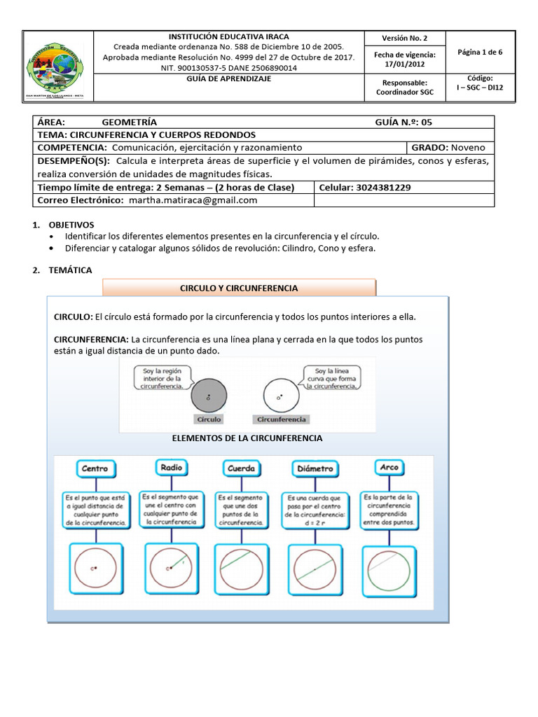 GUIA 5 GEOMETRIA NOVENO Circulo y Circun | PDF | Esfera | Geometría ...