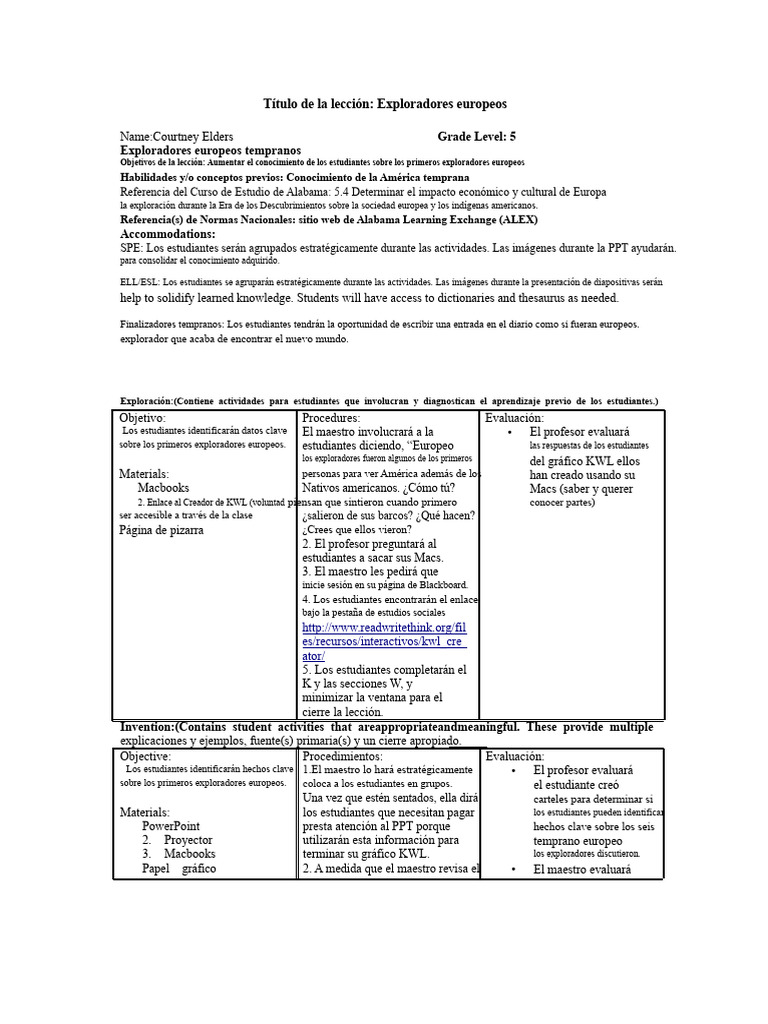 Plan de Lecciones Sobre Exploradores Europeos | PDF