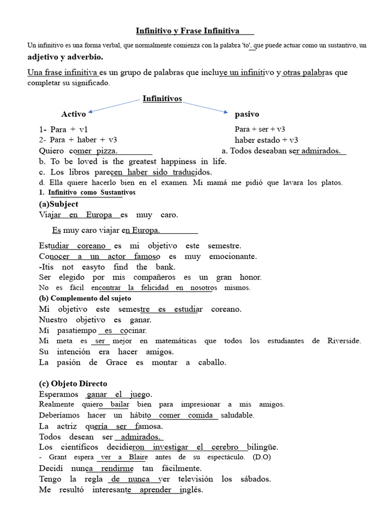 Infinitivos y Frases Infinitivas en Español | PDF | Adverbio | Verbo