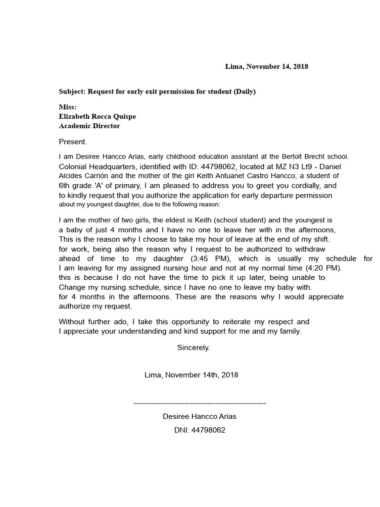 Early Exit Request for Student Care | PDF