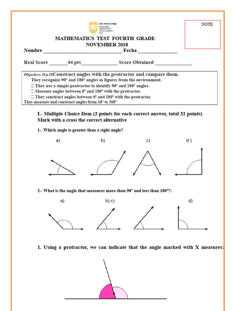 Angle Test | PDF | Angle | Multiple Choice