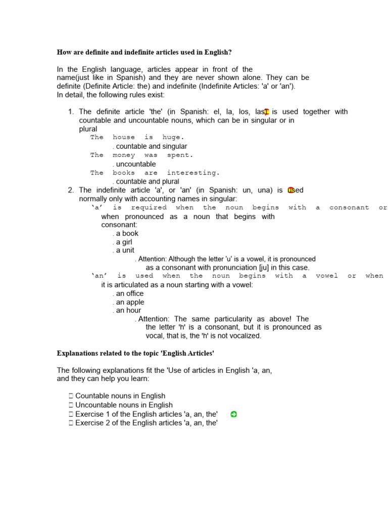 Definite and Indefinite Articles in English | PDF