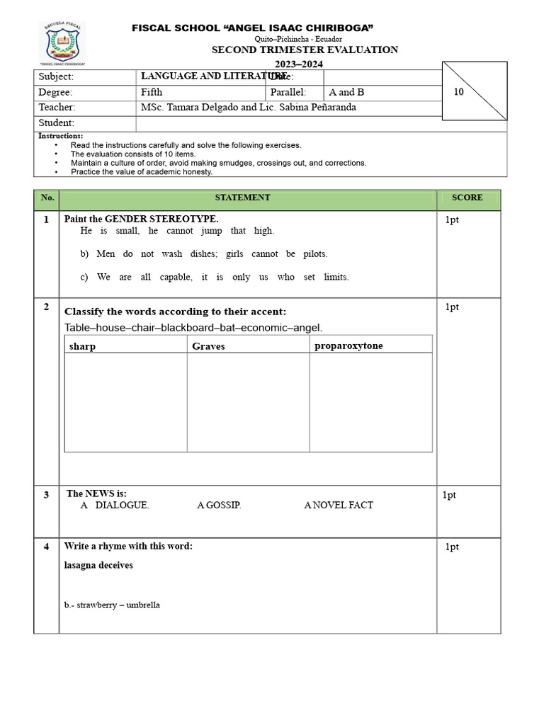 Eval 5TH A and B Second Trimester | PDF