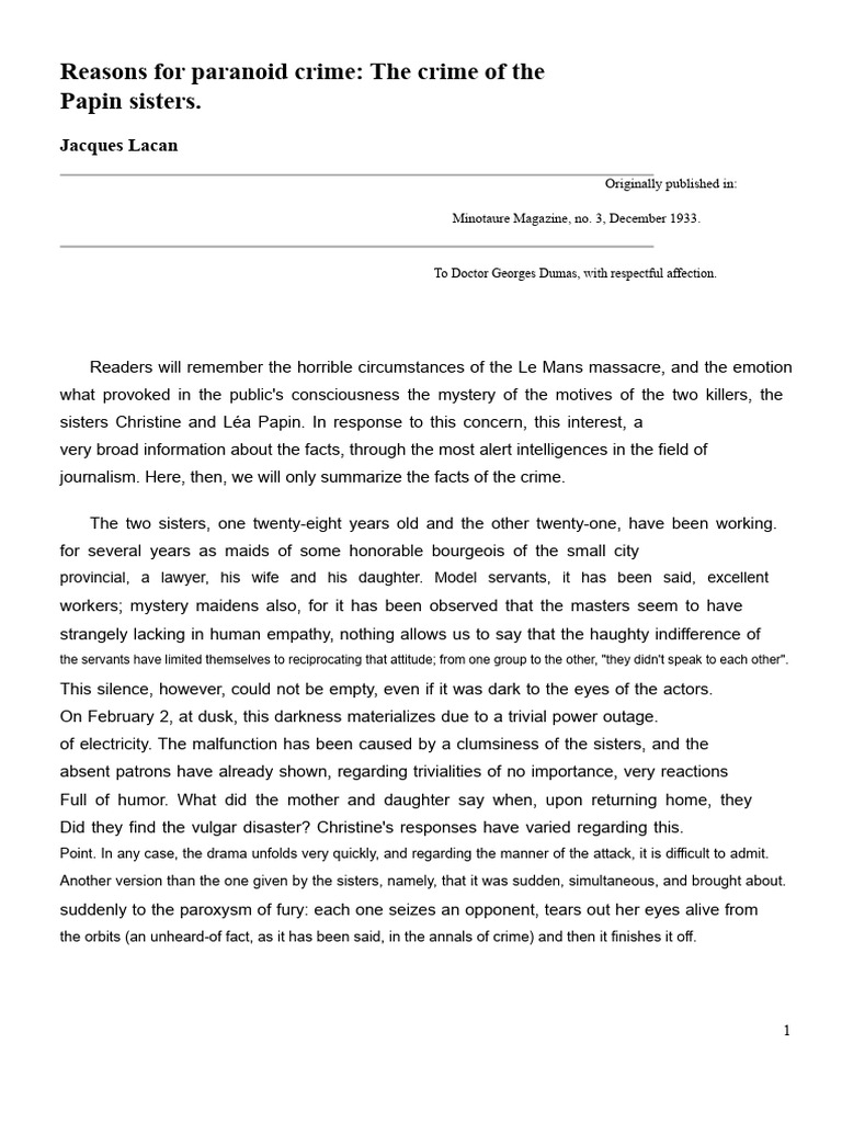 Paranoid Crime: The Papin Sisters' Case | PDF | Delusion | Paranoia