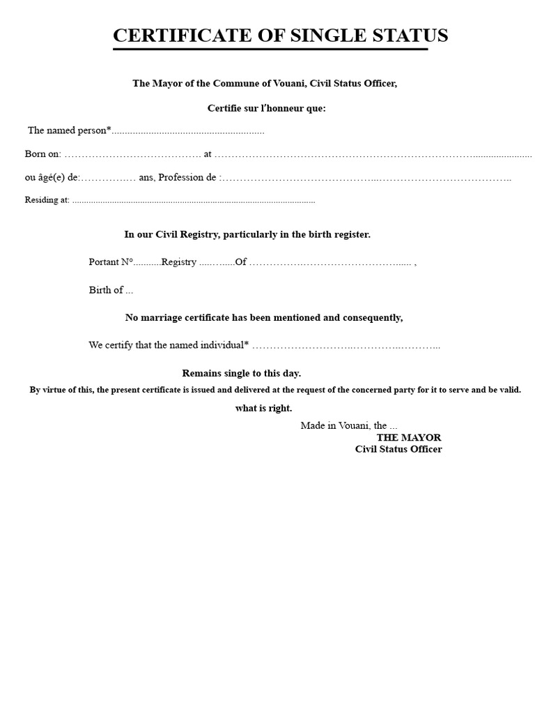 Vouani Single Status Certificate | PDF | Family Law | Government And ...