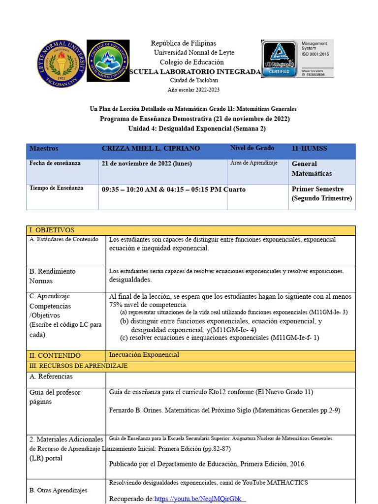 Plan de Lección (Desigualdad Exponencial) | PDF | Exponenciación ...