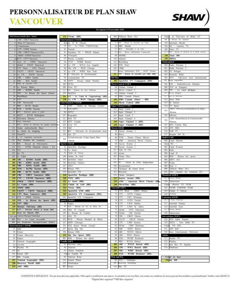 Liste des chaînes Shaw Vancouver | PDF | Média de masse | Diffusion