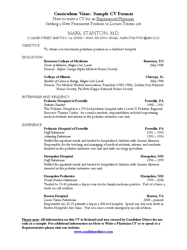 Physician CV Sample | PDF | Pediatrics | Residency (Medicine)