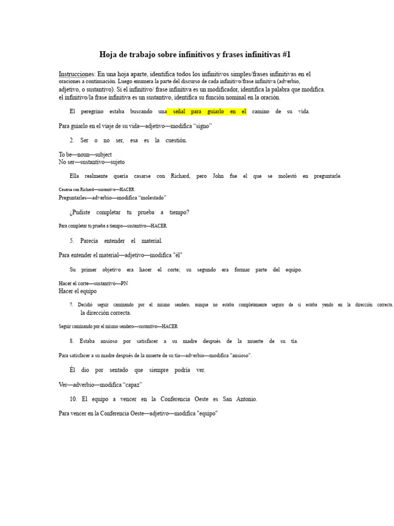 Infinitivos y Frases Infinitivas: Ejercicios | PDF | Adverbio | Adjetivo