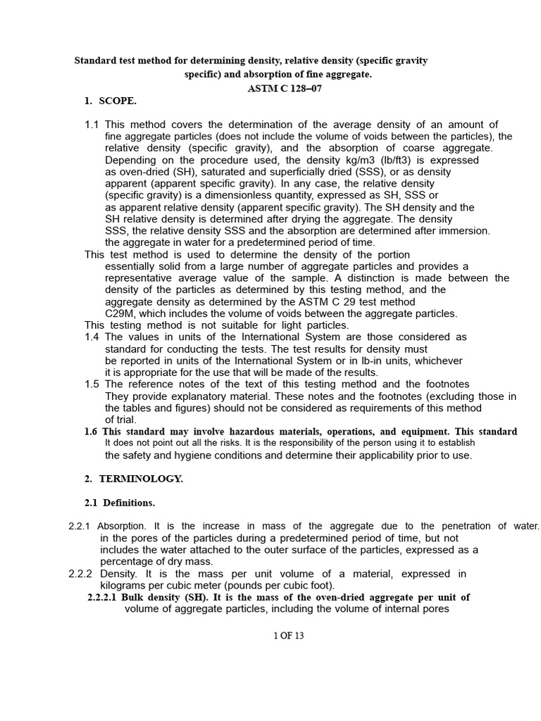 Density and Absorption of Fine Aggregate | PDF | Density | Porosity