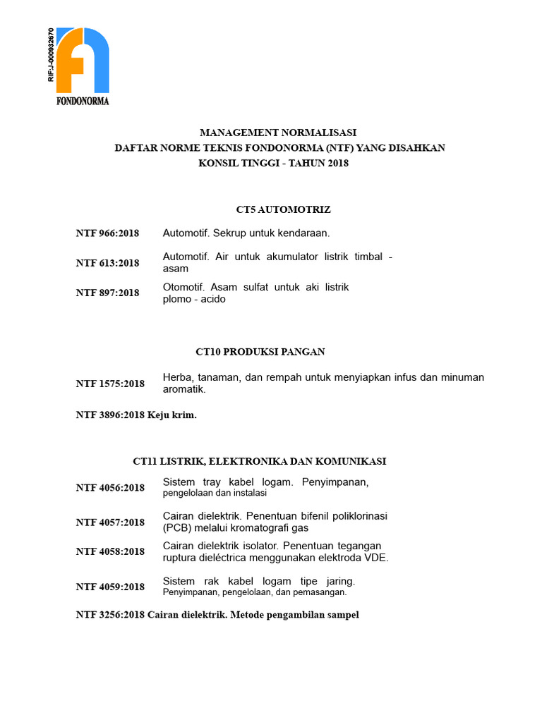 Daftar NTF 2018 untuk Manajemen Normalisasi | PDF