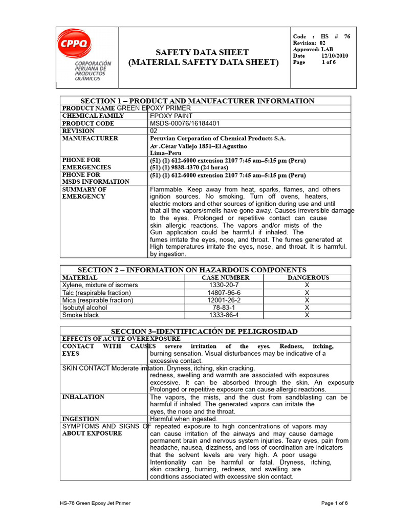 Green Epoxy Primer Safety Data Sheet | PDF | Explosion