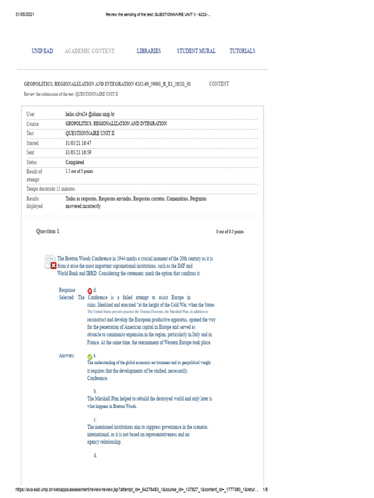 Questionnaire Unit Ii - Geopolitics, Regionalization, and Integration ...