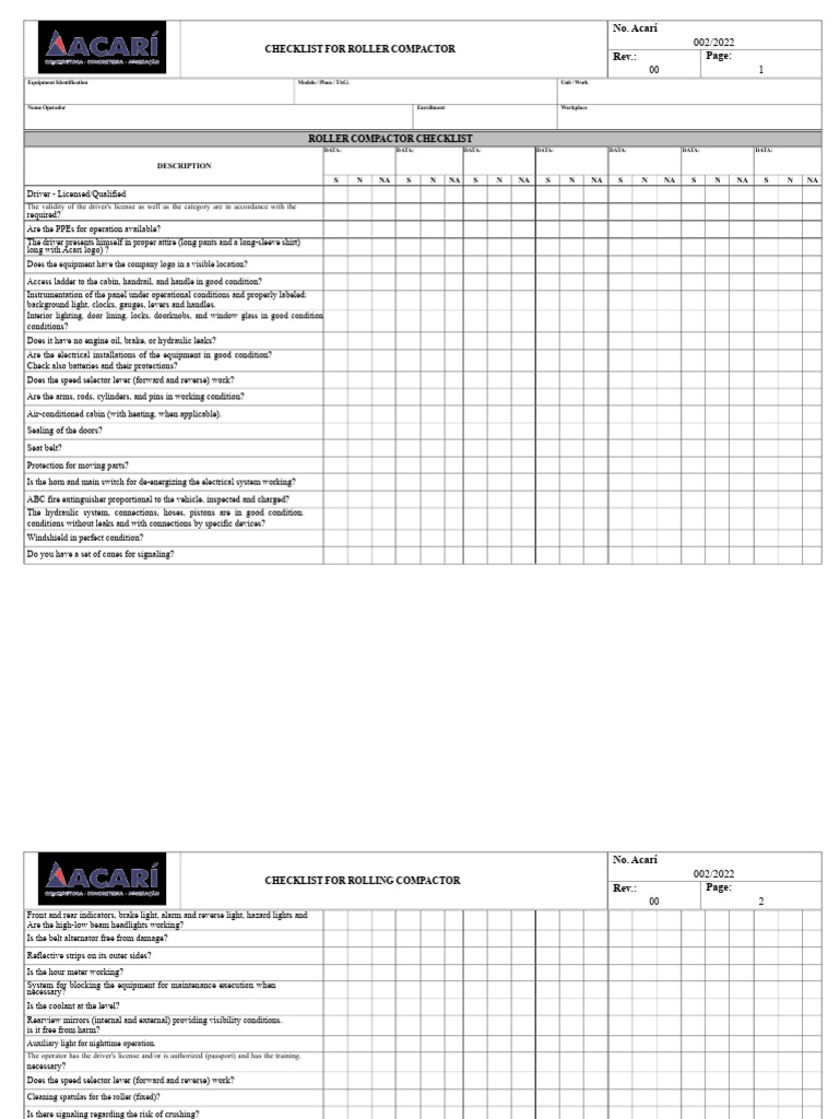 Roller Compactor Check-List | PDF | Vehicles | Automotive Industry