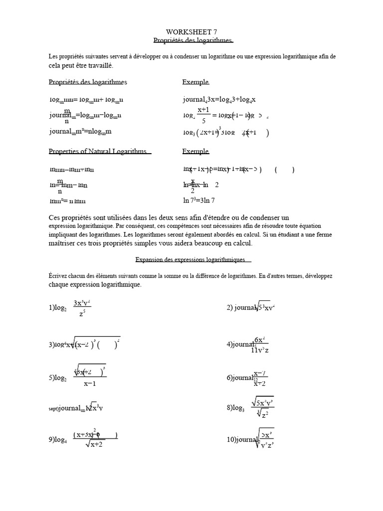 Propriétés et exercices sur les logarithmes | PDF | Mathématiques ...