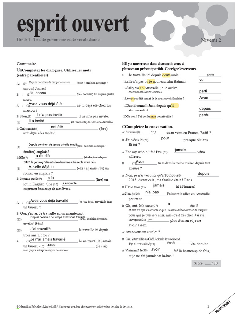 Test de grammaire et vocabulaire A2 | PDF | Nature (grammaire) | Phrase