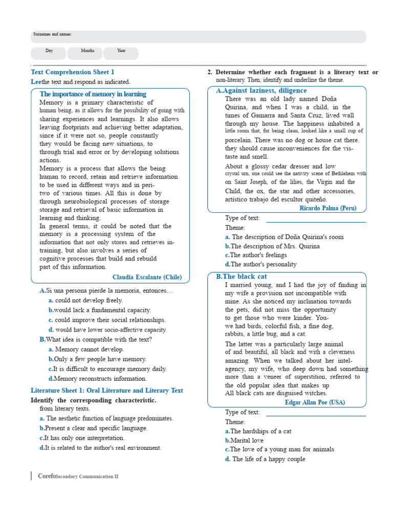 Unit-1.-Text and Literature Comprehension Sheet-1 PDF | PDF | Memory ...