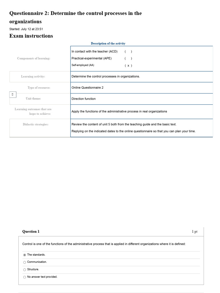 II BIMESTER - (AAB02) Questionnaire 2 - Determine The Control Processes ...