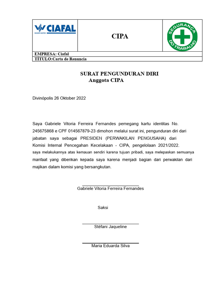 Surat Pengunduran Diri Cipa | PDF