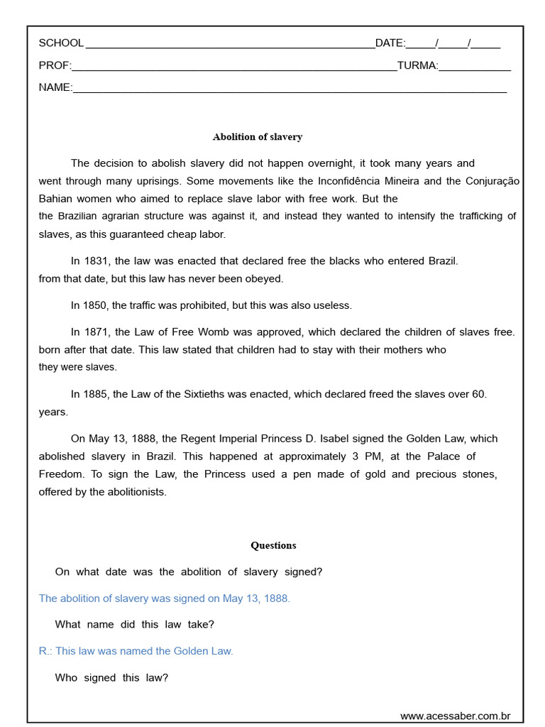 History Activity On The Abolition of Slavery 5th Grade Response ...