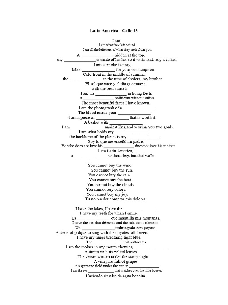Latin America - Calle 13 - Lyrics With Blanks To Fill in | PDF