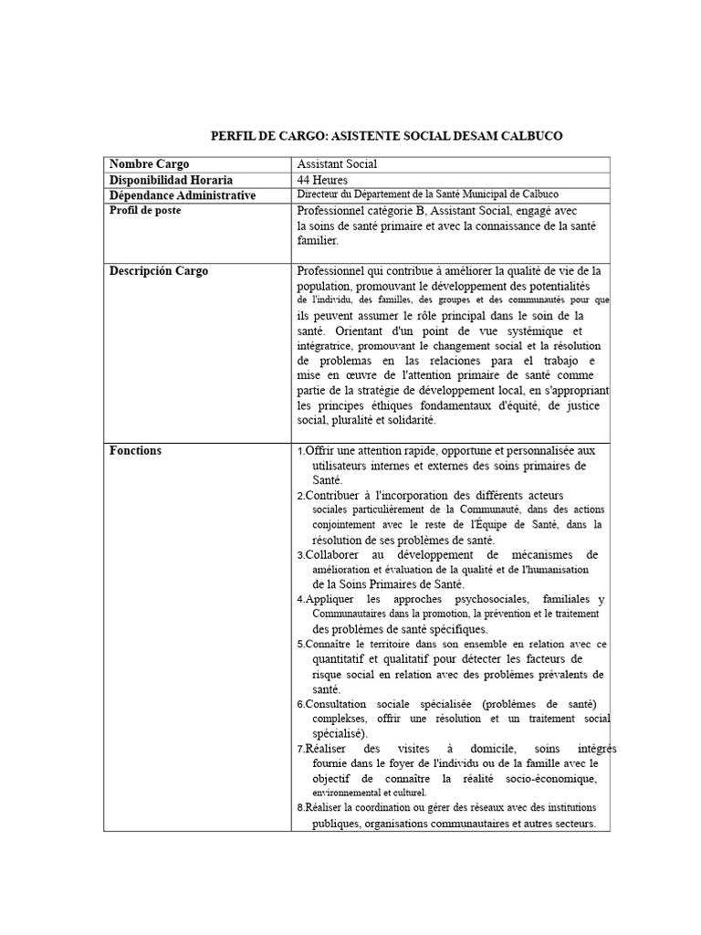 Profil Du Poste D'assistant Social Desam Calbuco | PDF | Promotion de ...