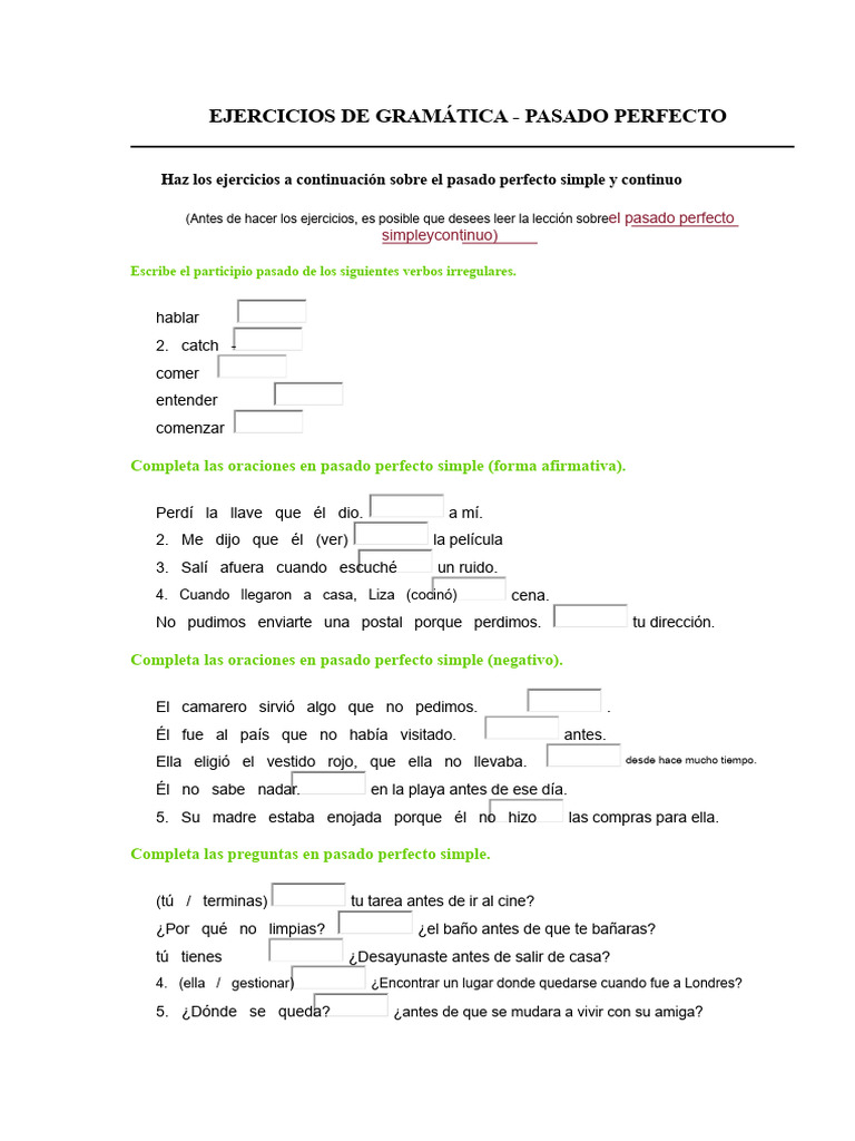 Ejercicios de Gramática - Pasado Perfecto | PDF