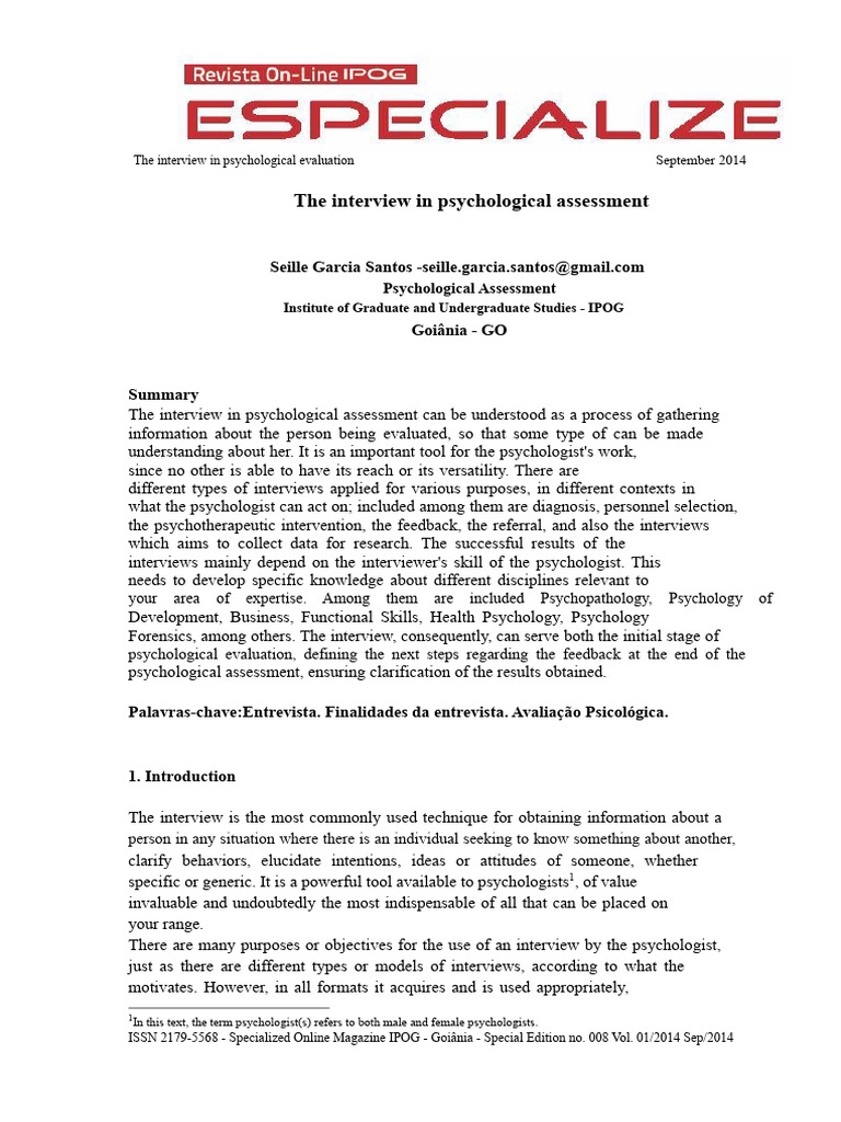The Interview in Psychological Assessment 7212133 | PDF | Psychology ...