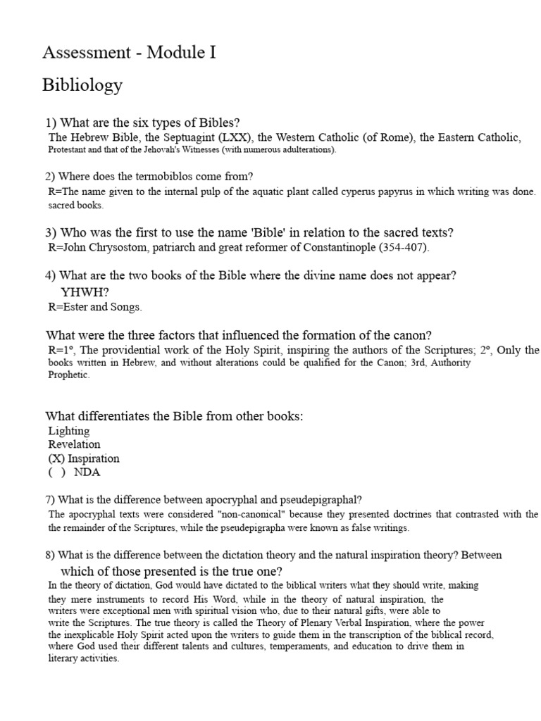 Bibliology Assessment - Module I | PDF | Bible | Biblical Canon