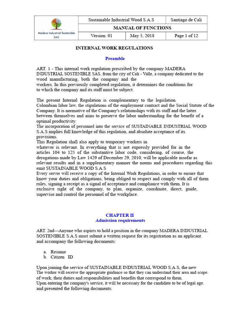Internal Work Regulations for Sustainable Wood | PDF | Employment ...