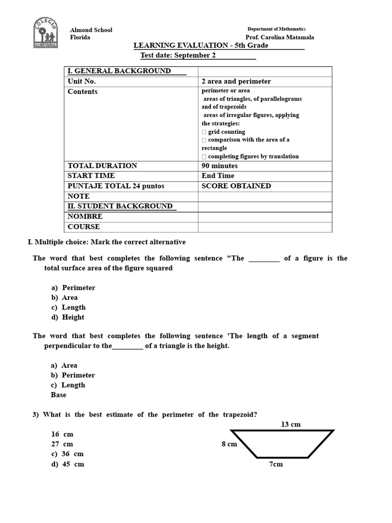 Area and Perimeter Test Fifth | PDF | Area | Elementary Geometry