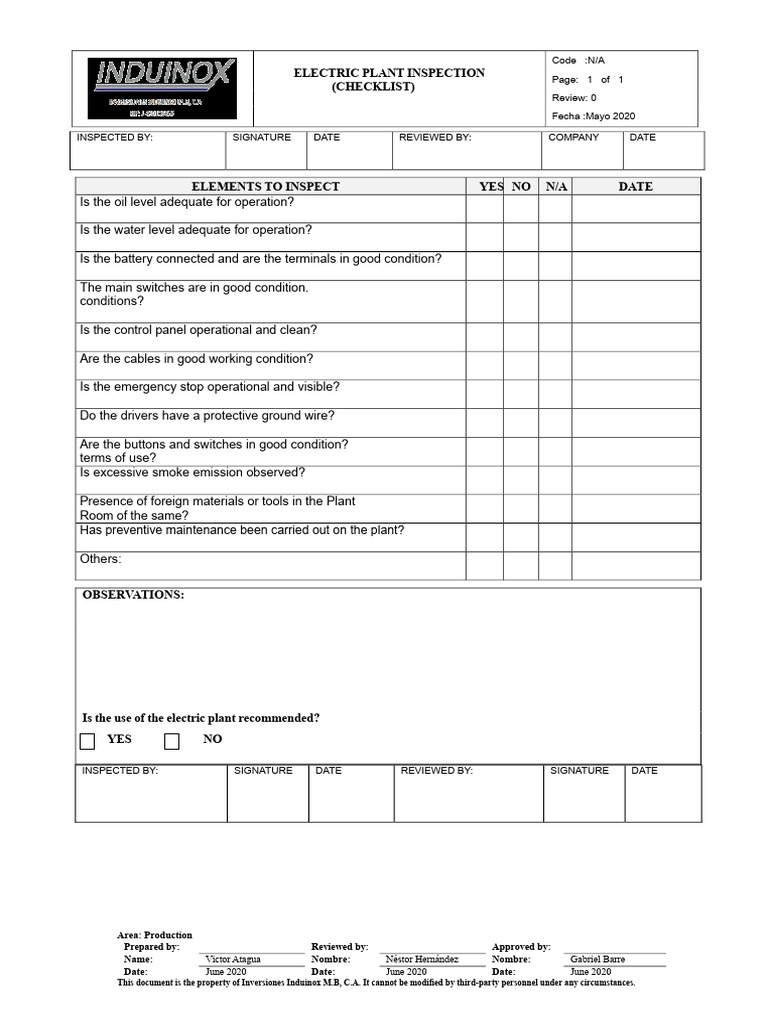 Electric Plant Check List | PDF