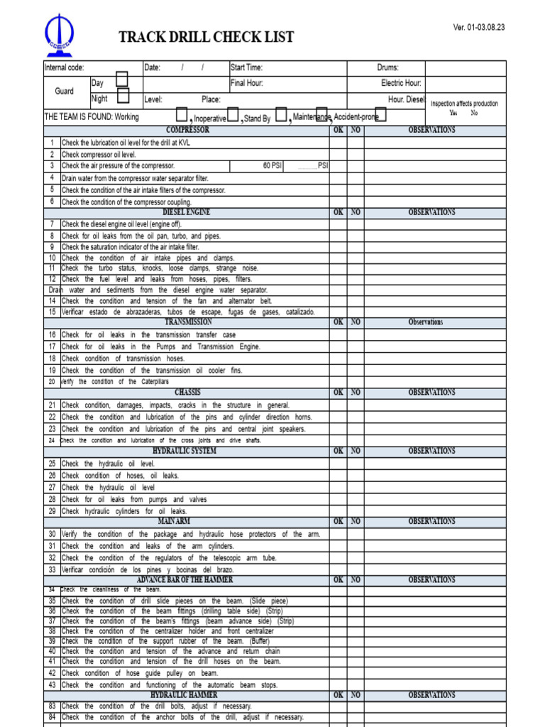 Track Drill Maintenance Checklist | PDF | Drill | Manufactured Goods
