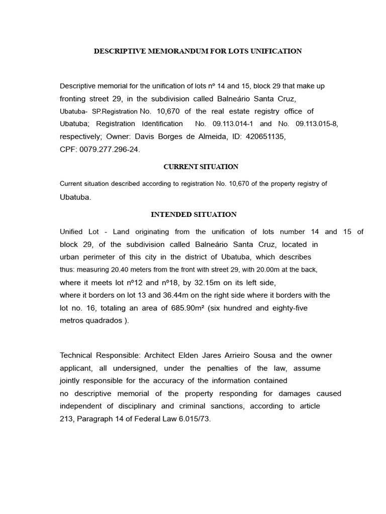 Lots Unification Memorandum Ubatuba | PDF