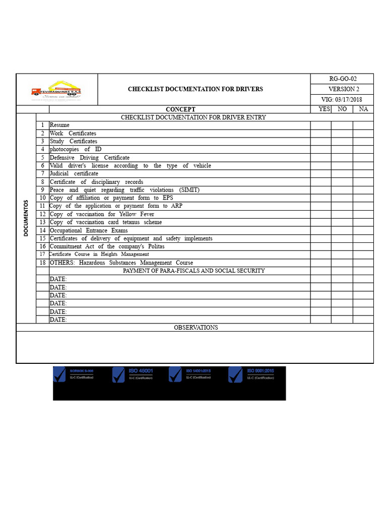 Rg-Go-02 Driver Entry Checklist | PDF