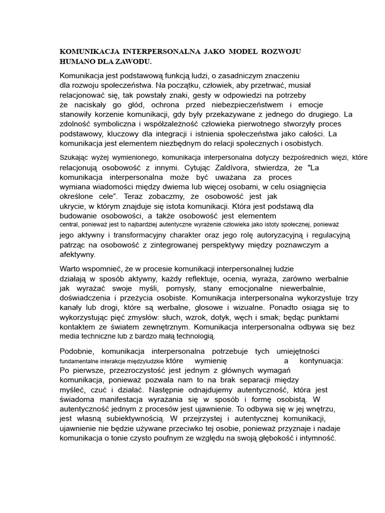 Komunikacja Interpersonalna Jako Model Rozwoju Ludzkiego Dla Zawodu | PDF