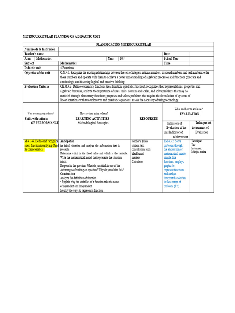 Microcurricular Planning for Math Unit | PDF | Function (Mathematics ...