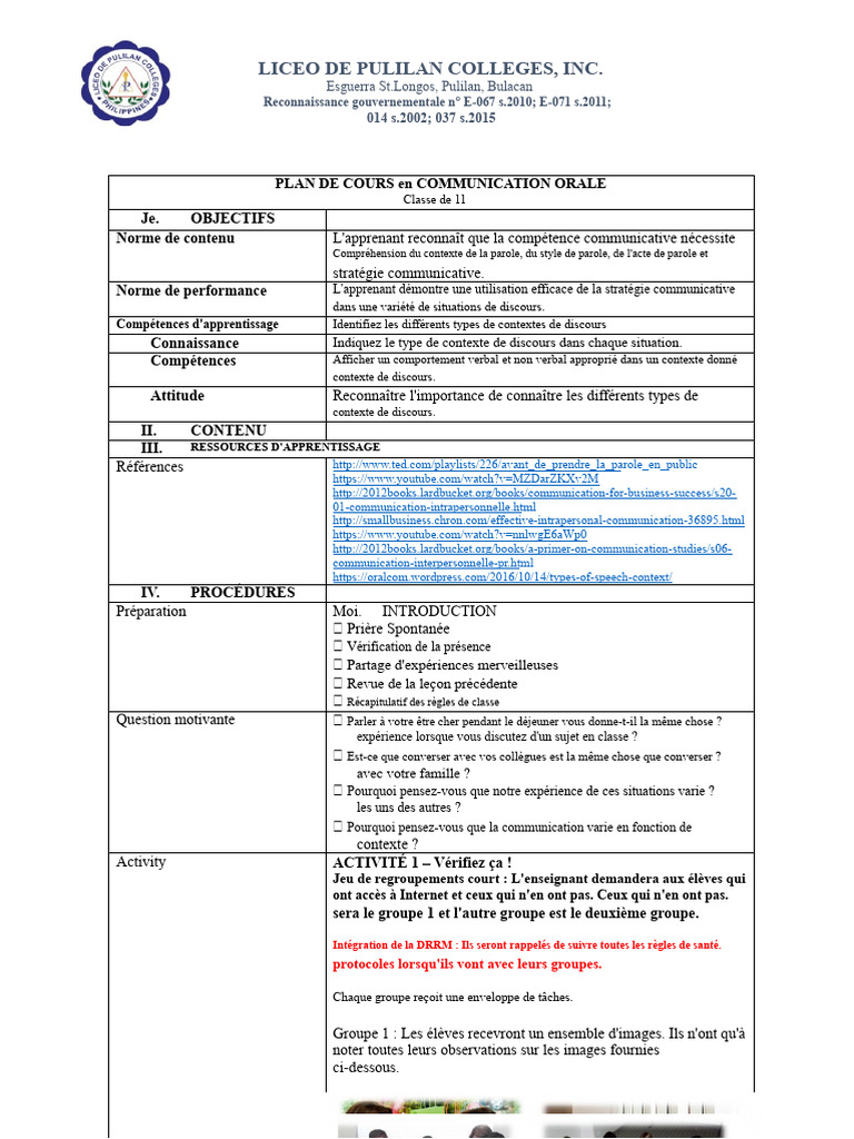 Plan de cours : Communication orale 11 | PDF | Apprentissage | Cognition